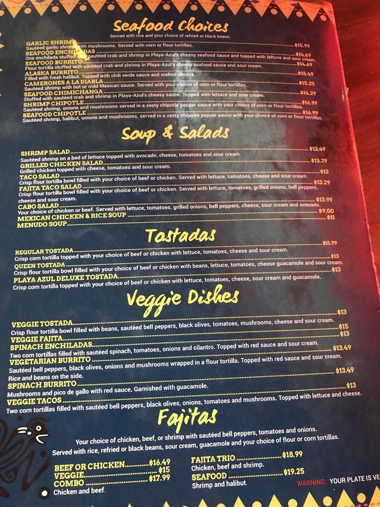 Menu at Playa Azul restaurant, Kenai
