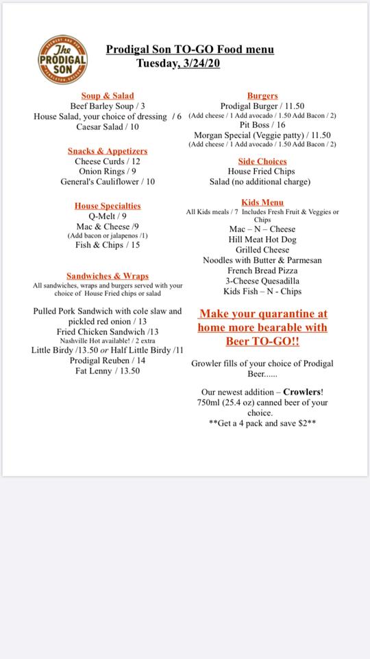 Menu at Prodigal Son Brewery & Pub, Pendleton