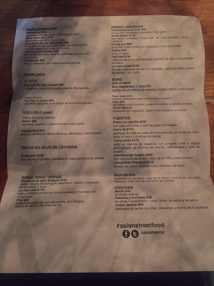 Menu at Sesame restaurant, Ciudad López Mateos