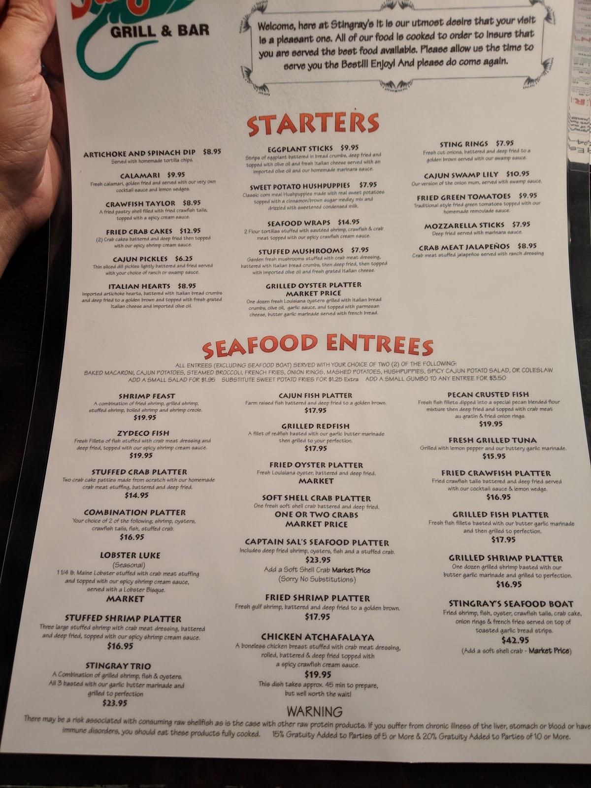 Menu at Stingrays Restaurant & Bar, Kenner