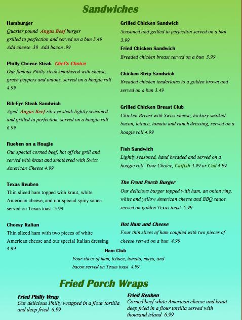Menu at The Front Porch restaurant, Marion, 914 S Main St
