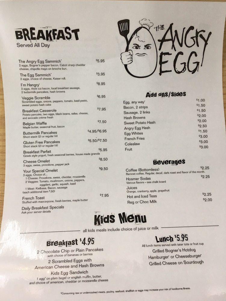 Menu at The angry egg restaurant, Manchester