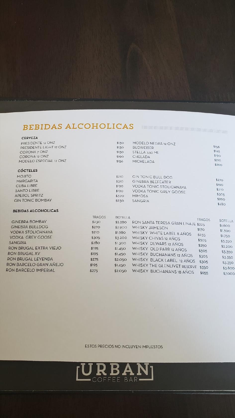 Menu at Urban Coffee Bar, Santo Domingo