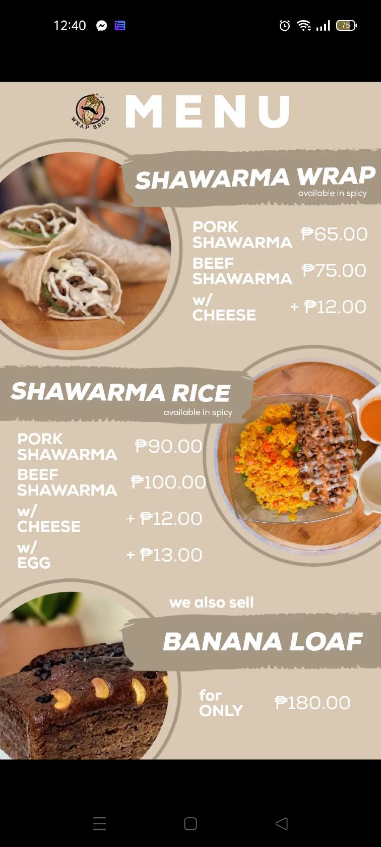 Menu at Wrap bros restaurant, Talisay City