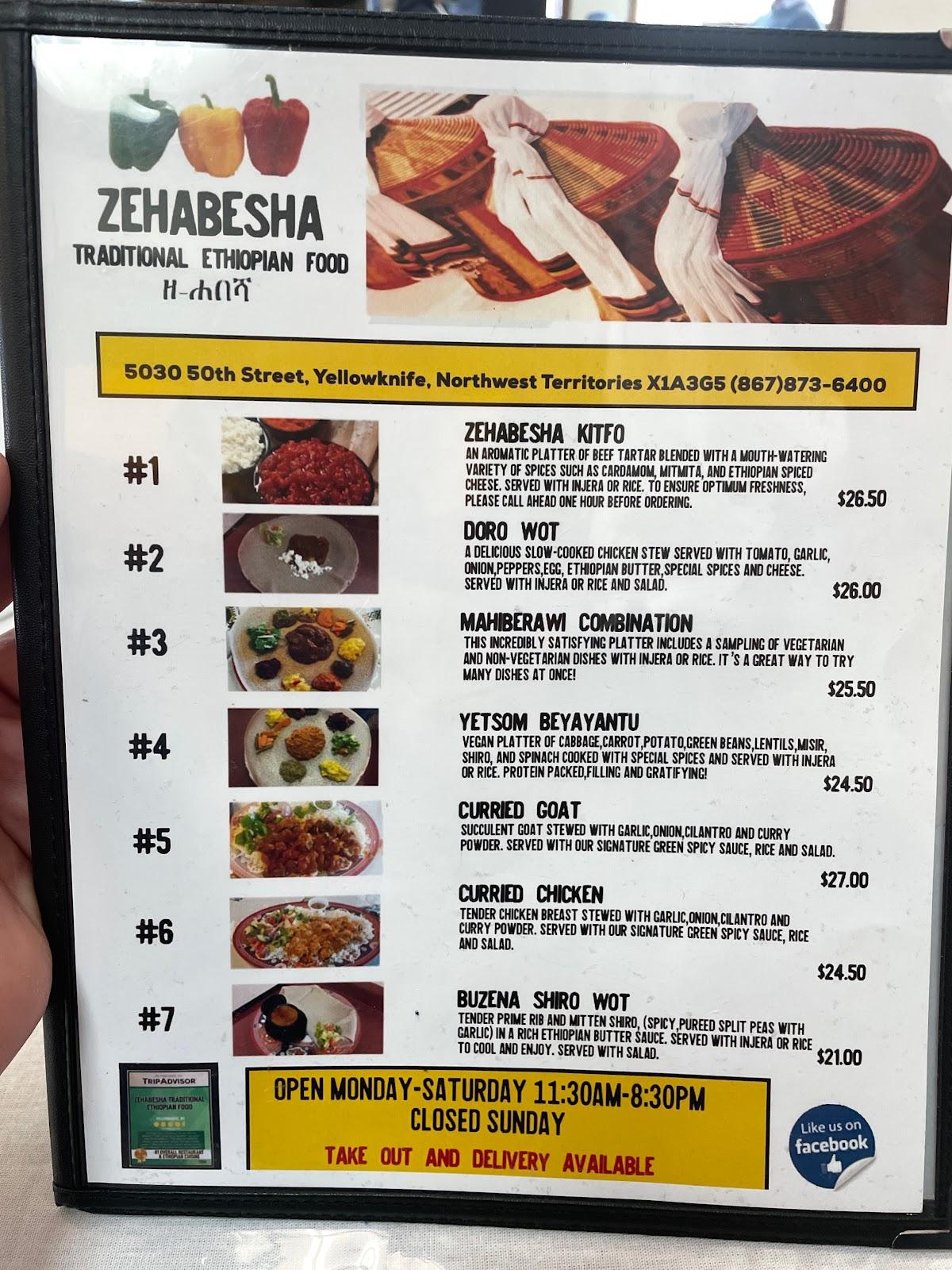 Menu at Zehabesha Traditional Ethiopian Restaurant, Yellowknife