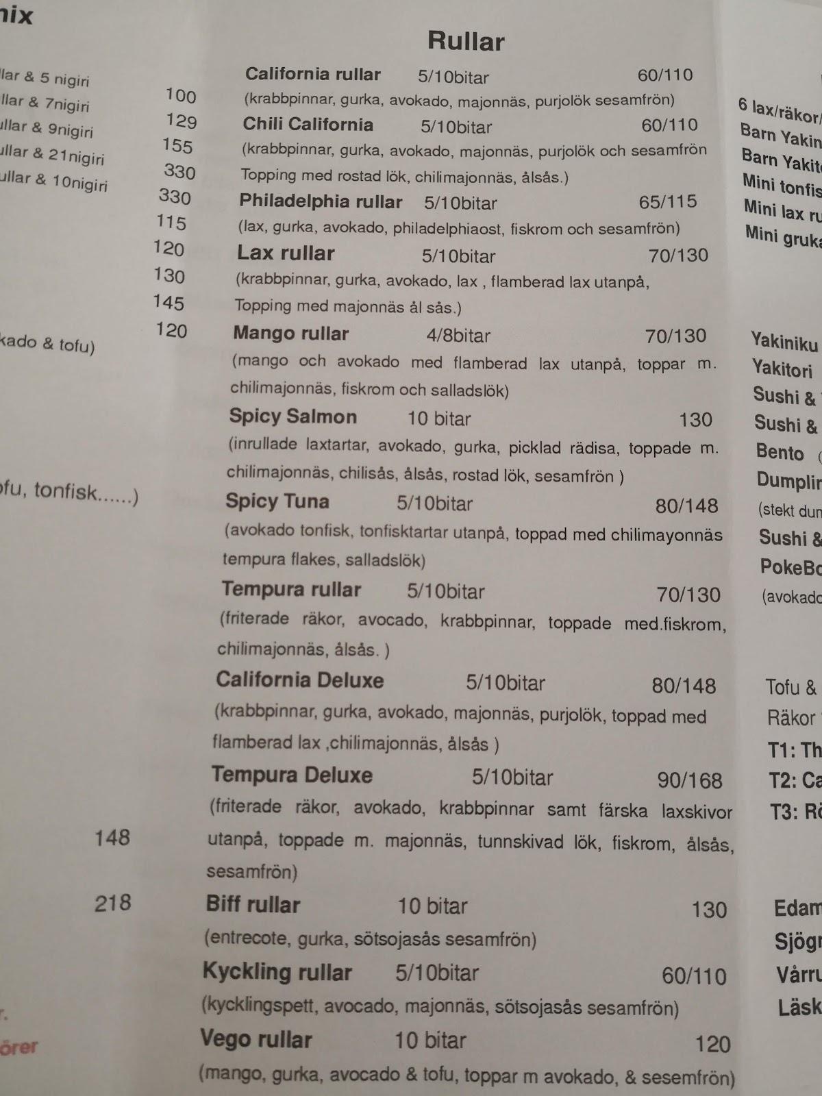 Menu at lily sushibar, Karlstad