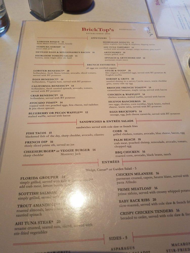Menu at BrickTop's restaurant, Nashville, West End Ave