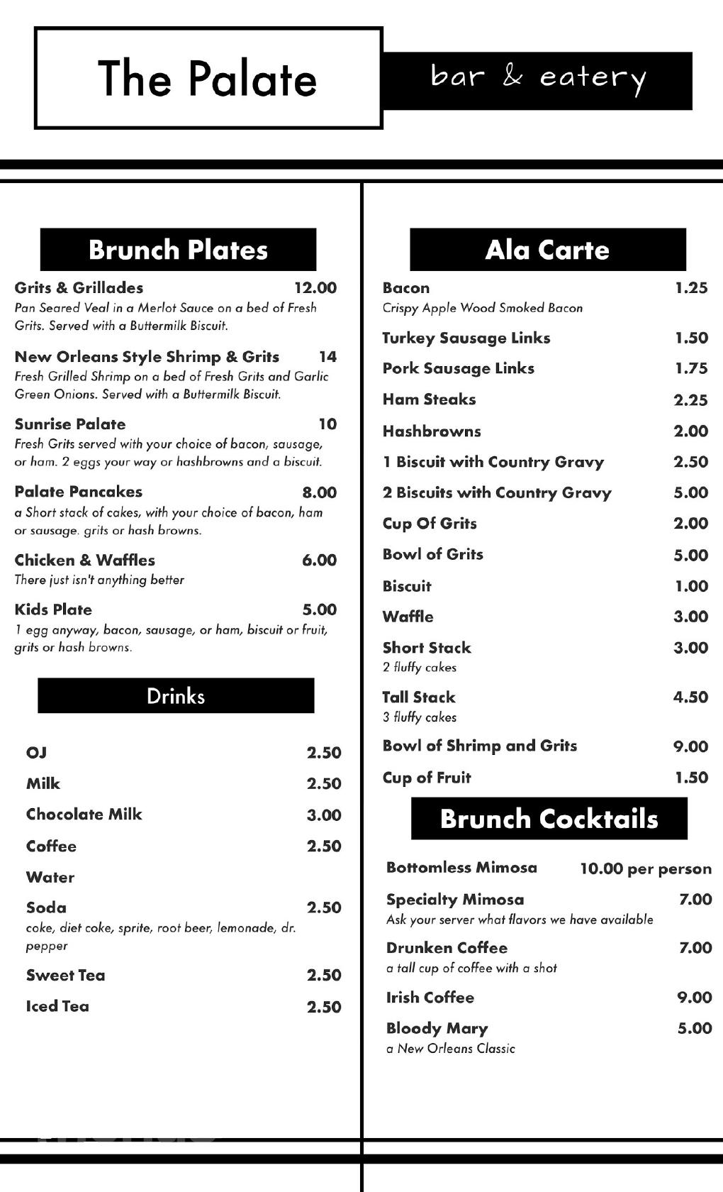 Menu at The Palate Bar & Eatery, Baton Rouge