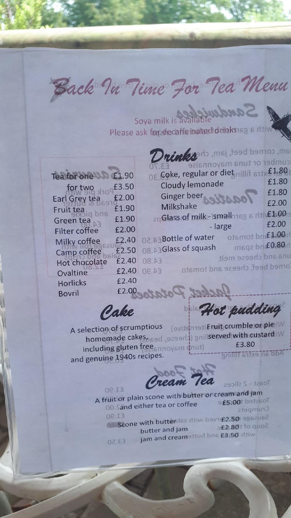 Menu at Back in time for Tea restaurant, Lutterworth, Leicester Road