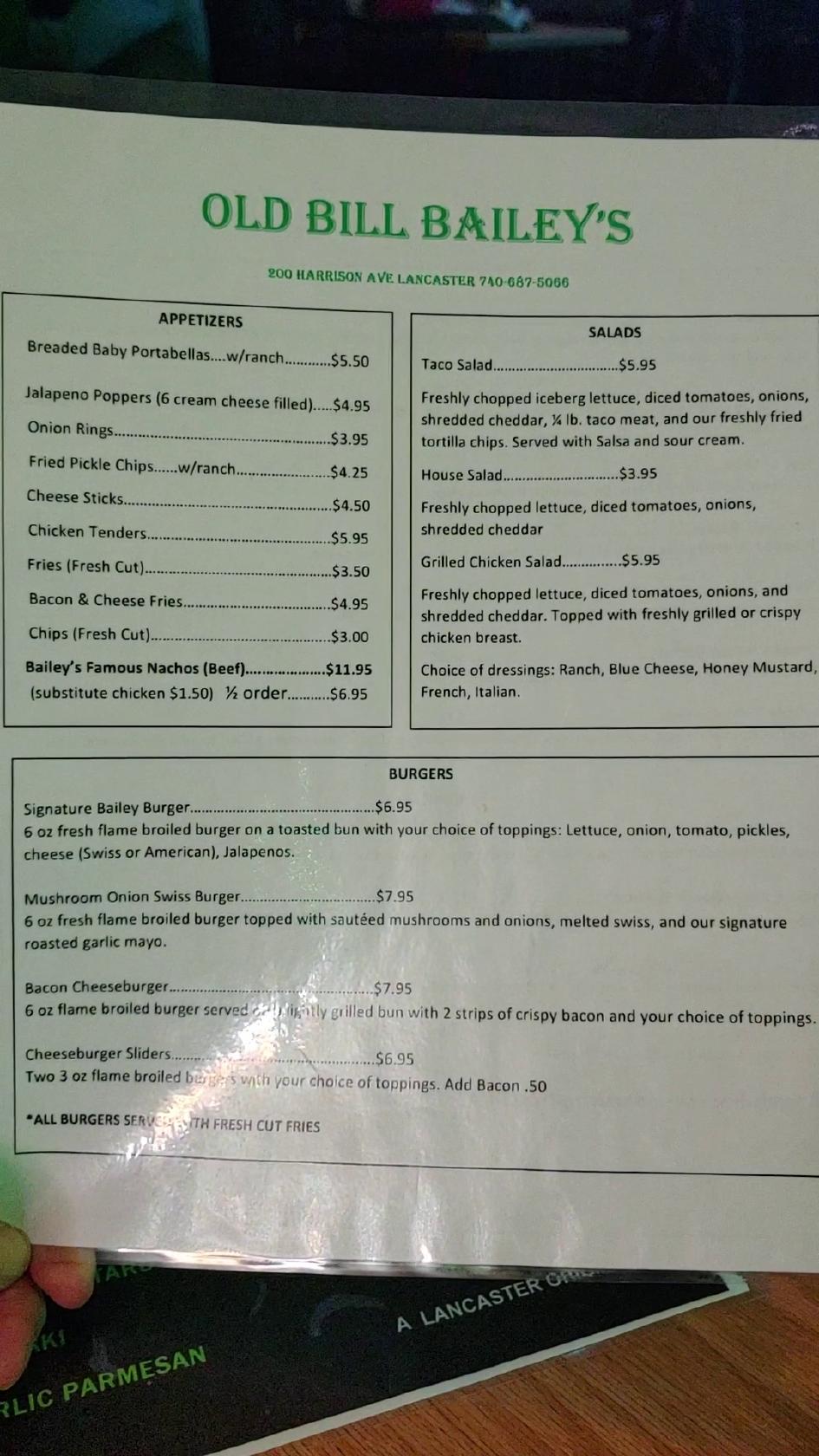 Menu at Old Bill Bailey's pub & bar, Lancaster