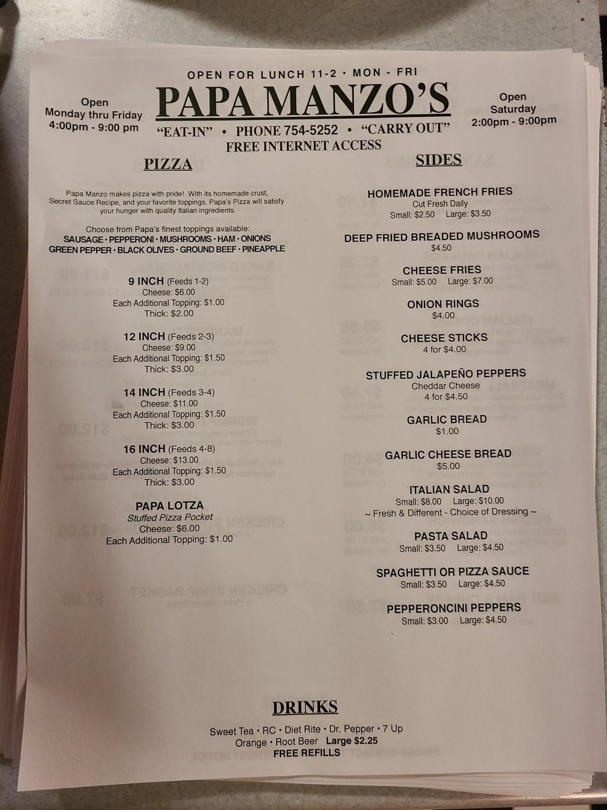 Menu at Papa Manzo's pizzeria, Central City