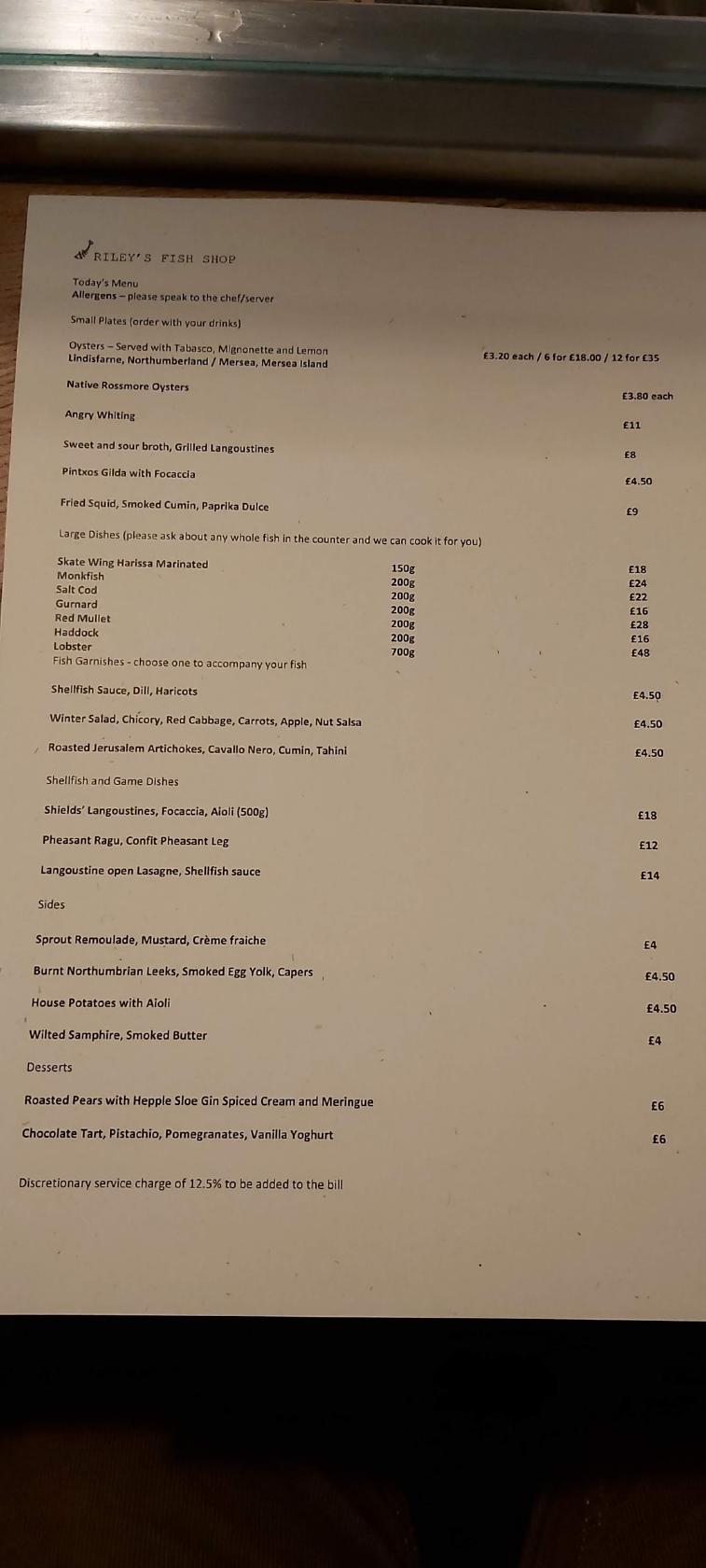 Menu at Riley’s Fish Shop restaurant, North Shields