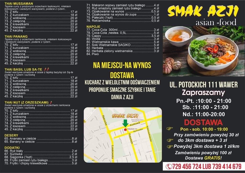 Menu at Smak Azji restaurant, Warsaw