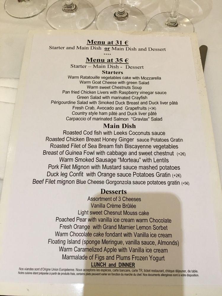 Menu at De la Tour restaurant, Paris, 6 Rue Desaix