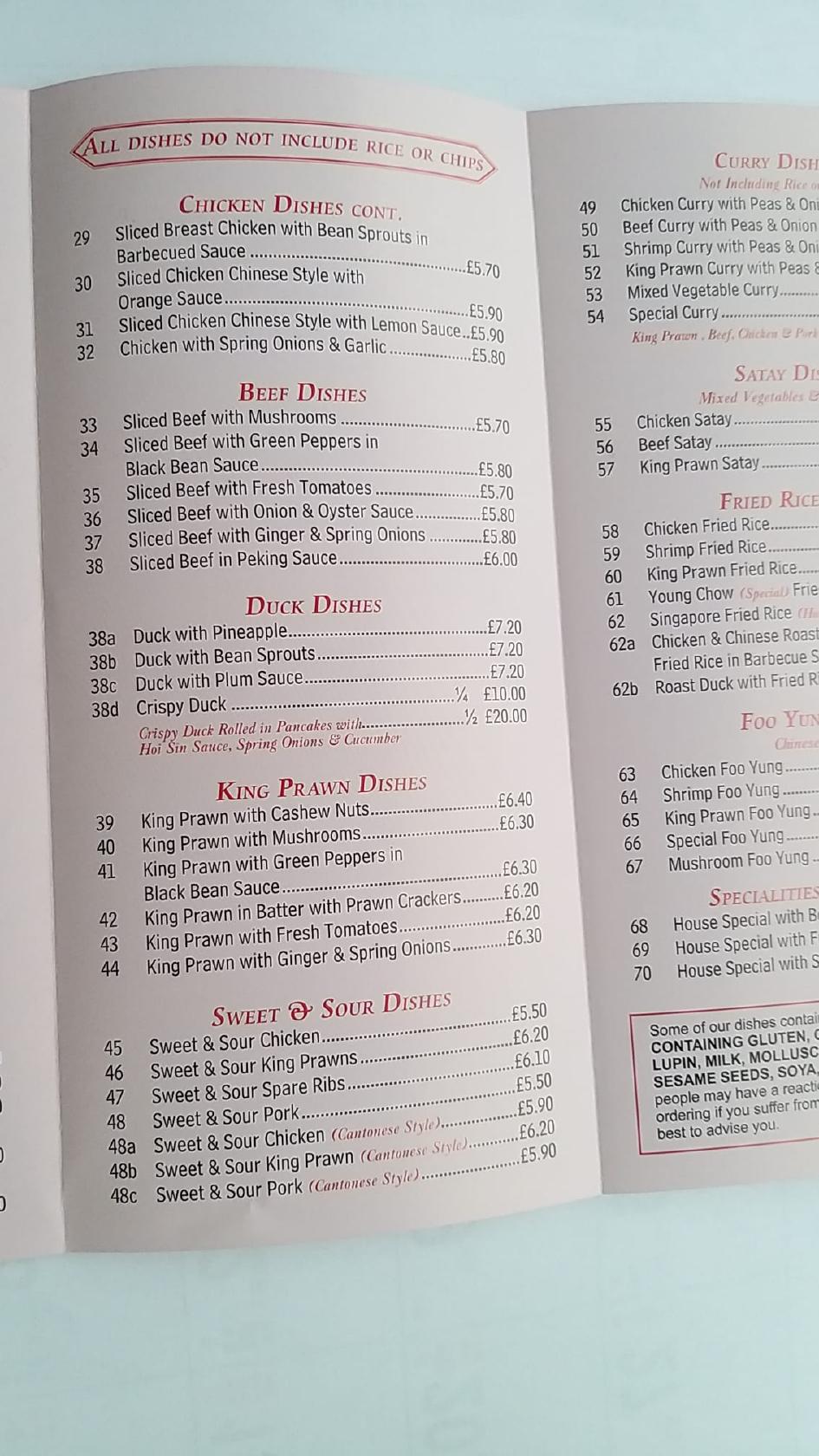 Menu at Jade House fast food, Perranporth