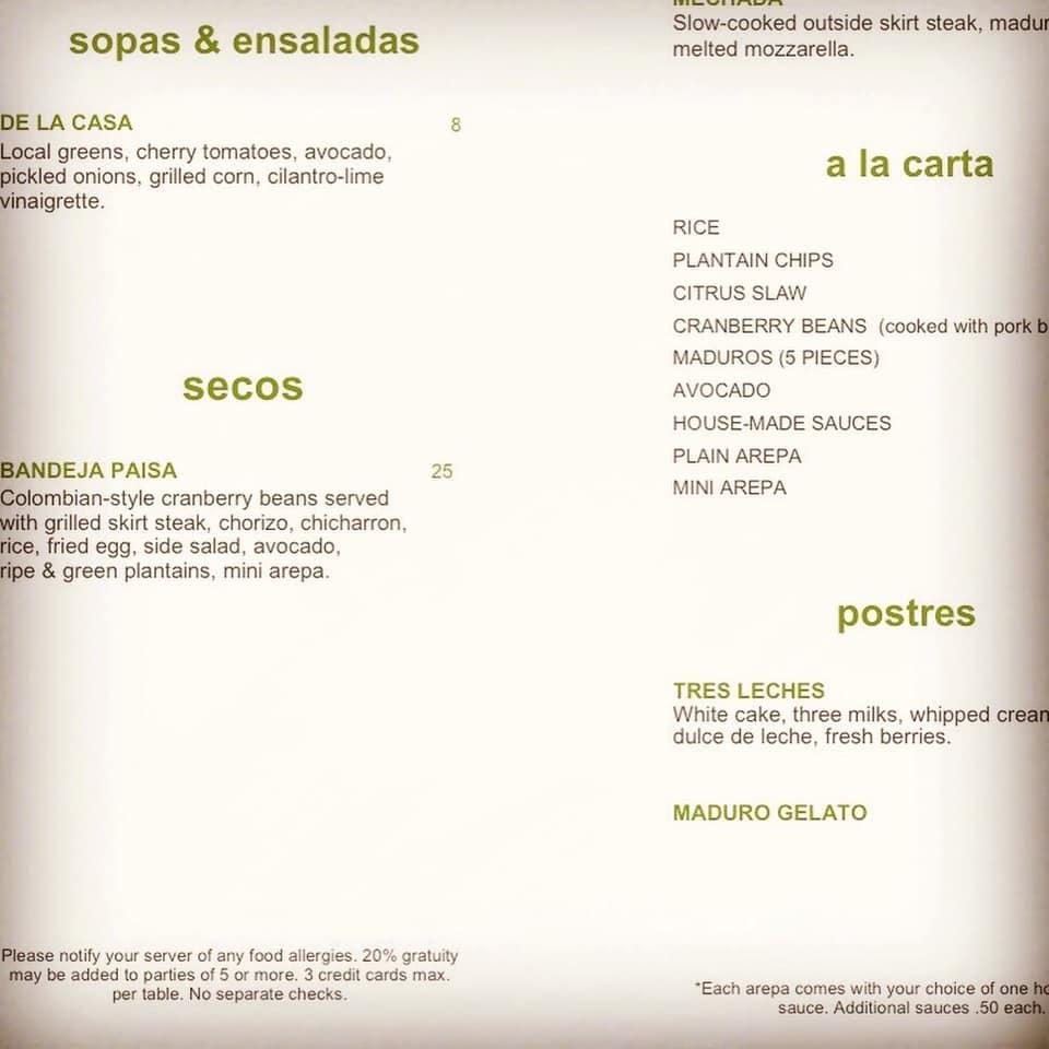 Menu at Maïs Arepas pub & bar, New Orleans