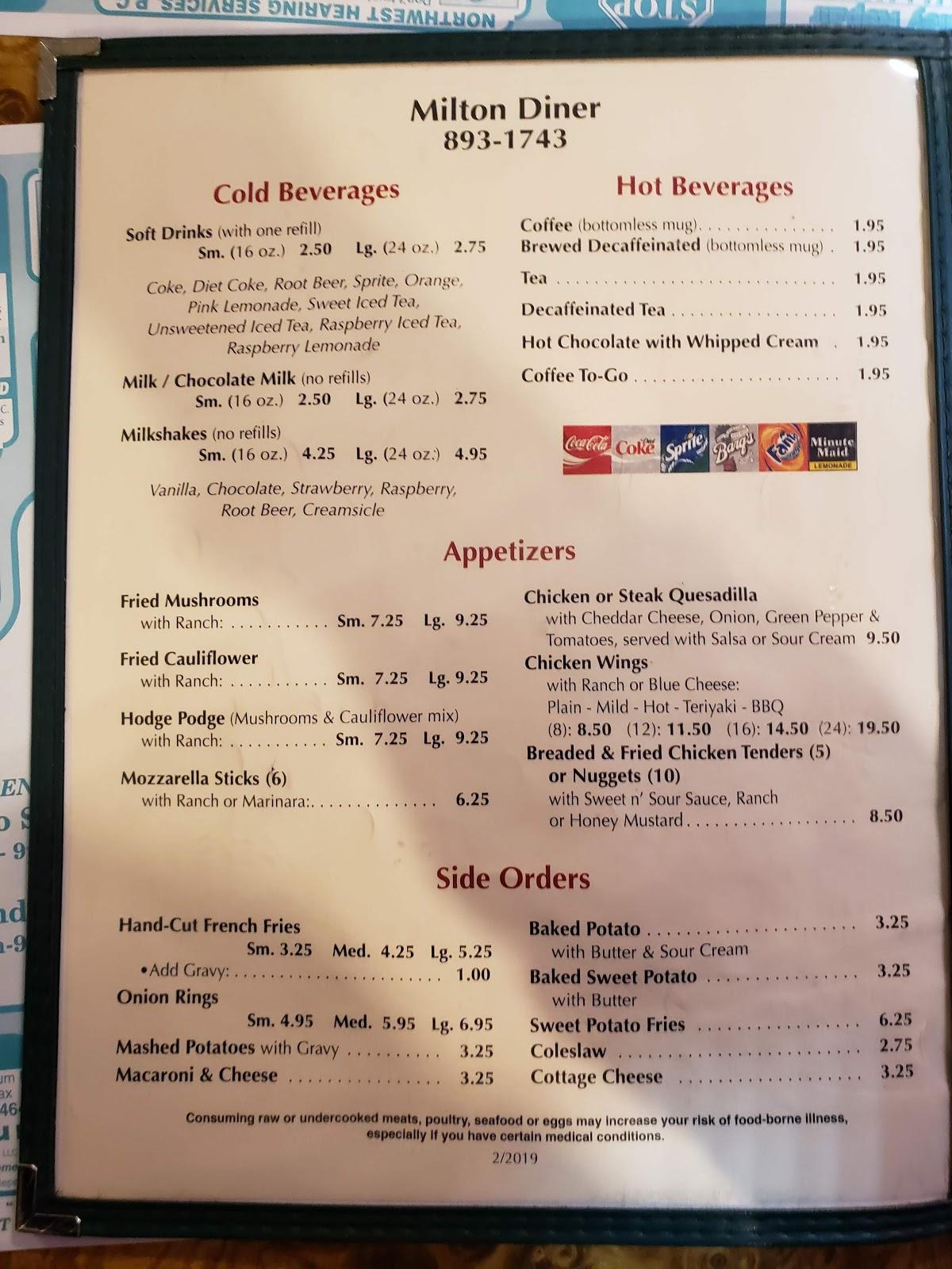 Menu at The Milton Diner restaurant, Milton, 514 US-7