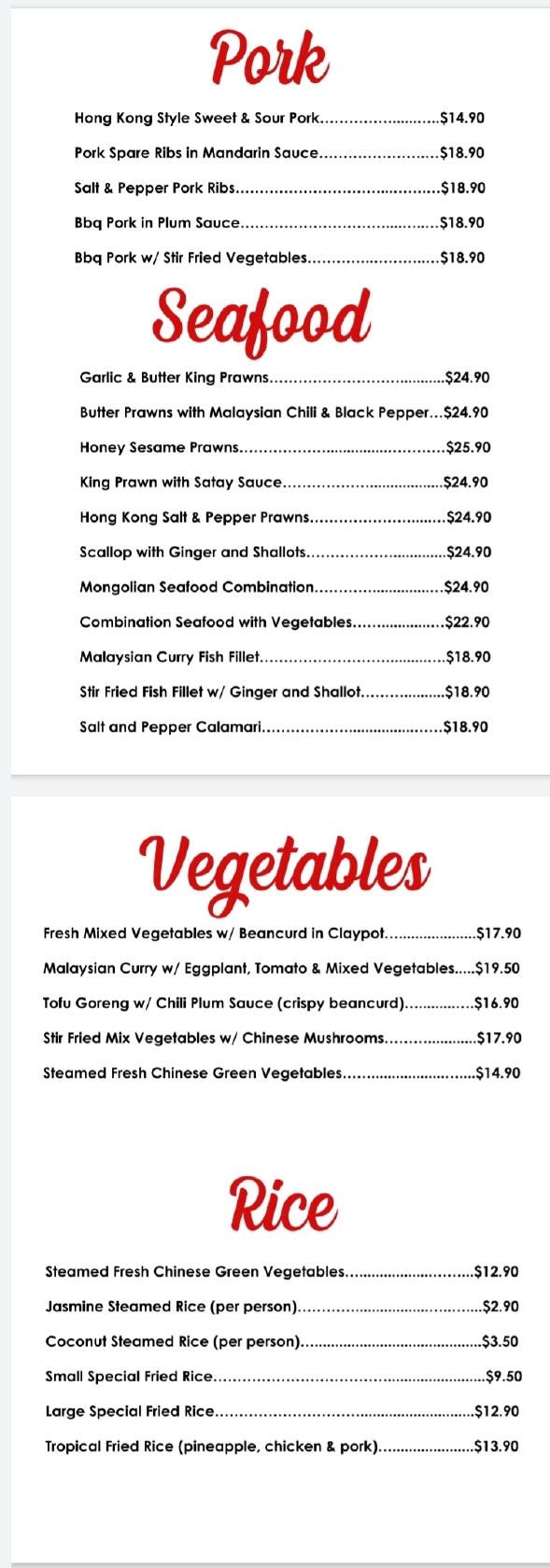 Menu at Penang Palace restaurant, Shailer Park