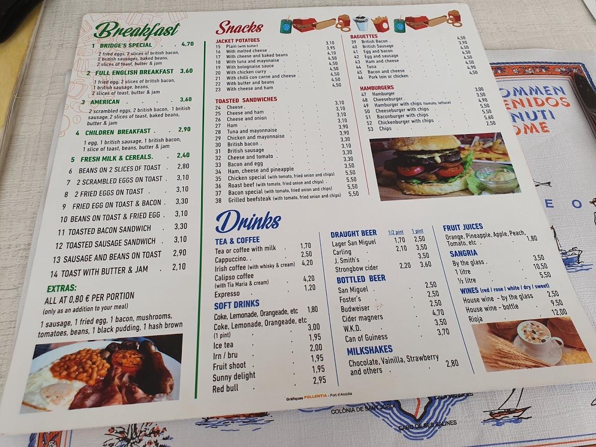 Menu at The Bridge restaurant, Alcúdia