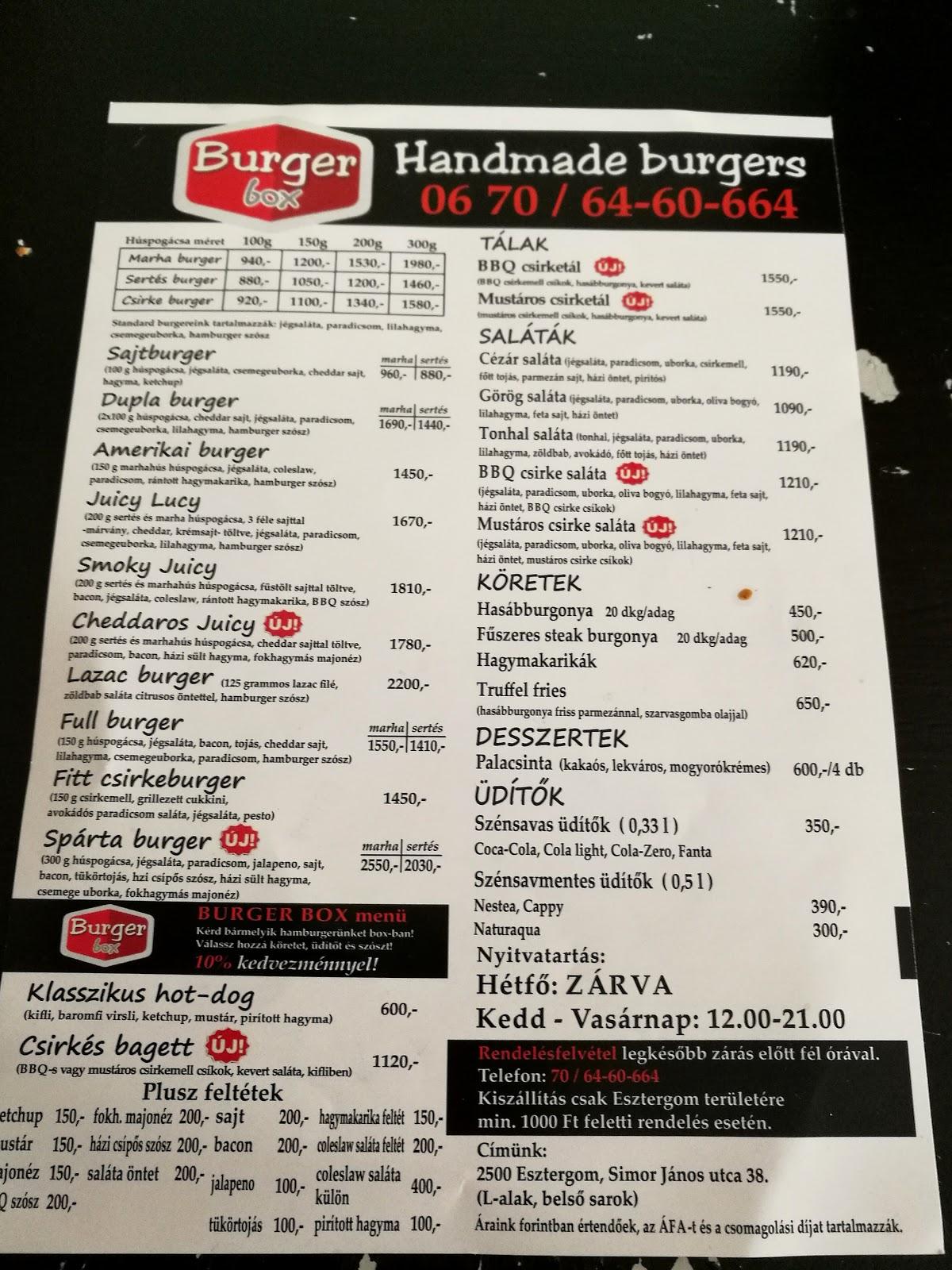 Carta del restaurante Burger Box, Esztergom