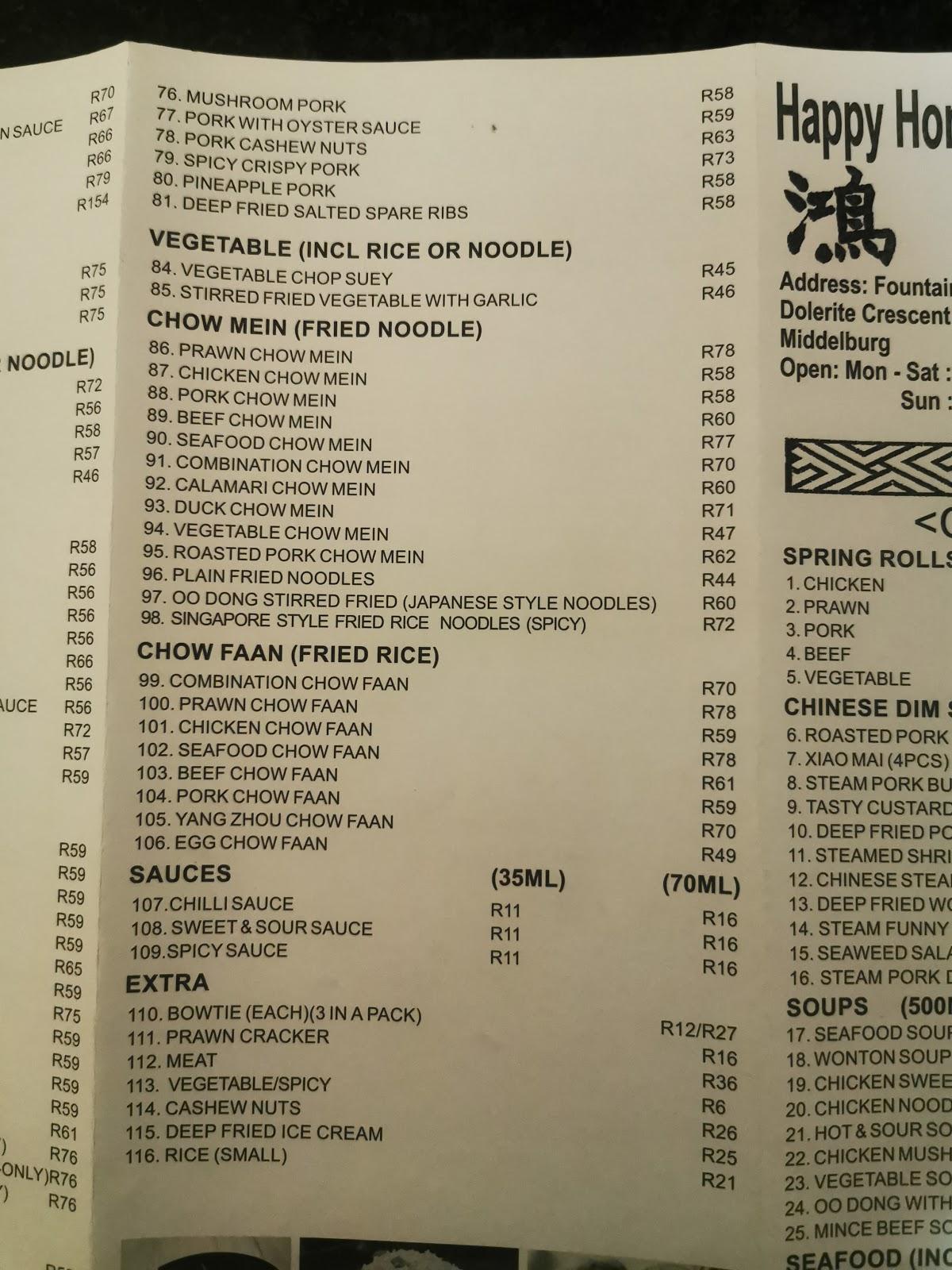 Menu at Happy Hong Chinese Restaurant, Middelburg