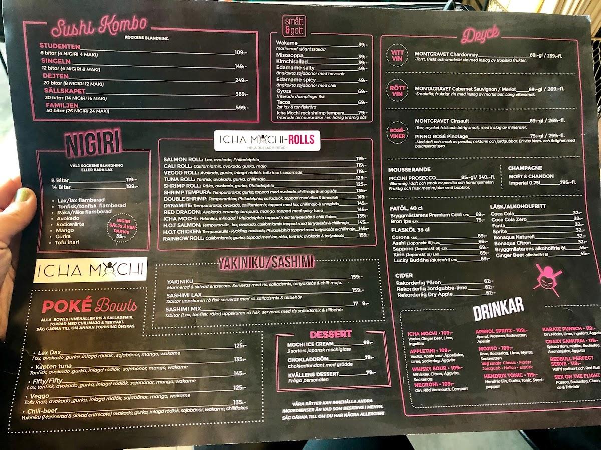 Menu at Icha Mochi restaurant, Jönköping