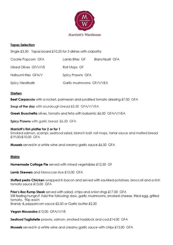 Menu at Marriott's Warehouse restaurant, King's Lynn, S Quay