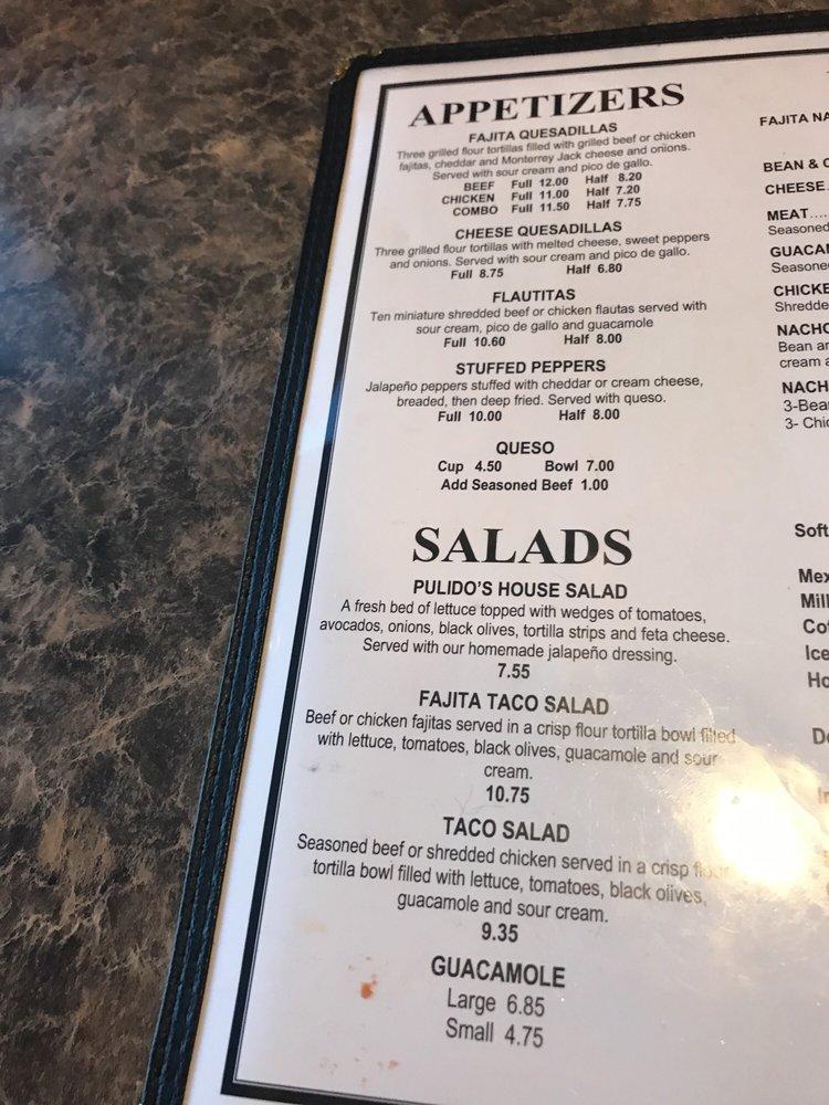 Menu at Pulido's restaurant, Hurst