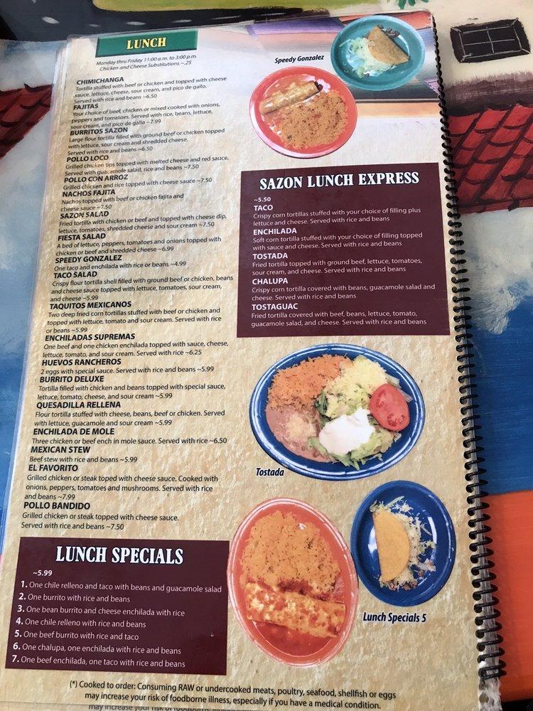 Menu at Sazon Mexican Restaurant, Williamson