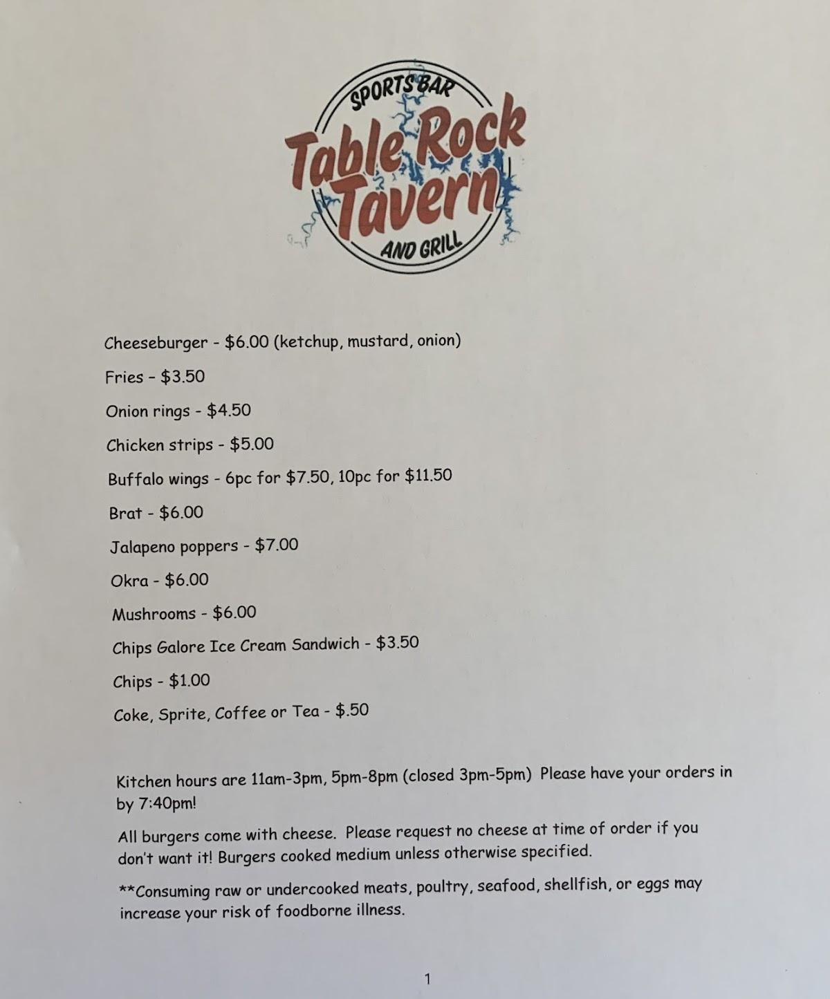 Carta del pub y bar Table Rock Tavern, Shell Knob