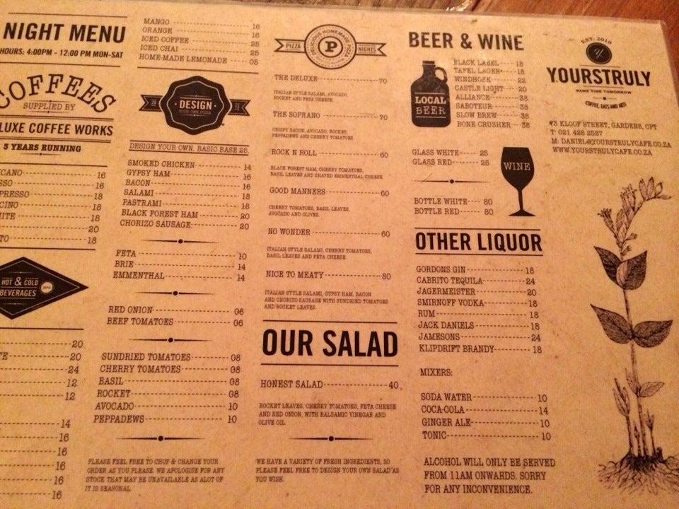 Menu at Yours Truly pub & bar, Cape Town, 73 Kloof St