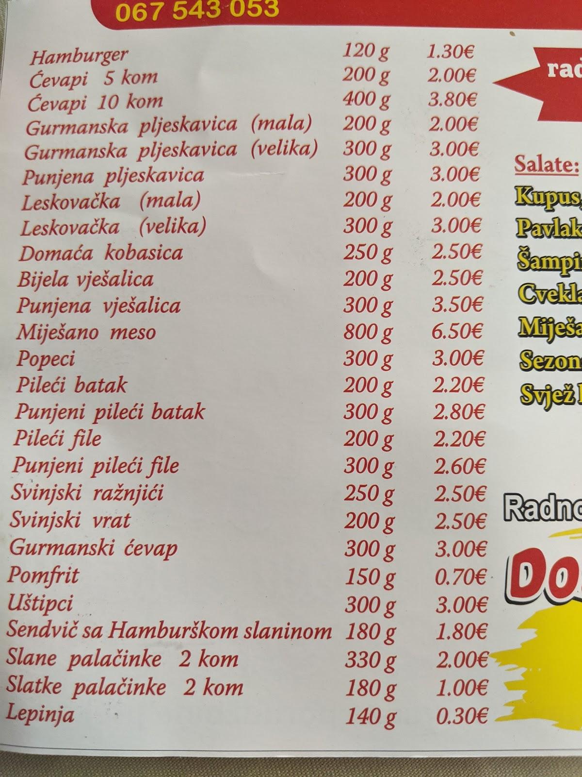 Menu at Brza Hrana Kod Toma restaurant, Podgorica
