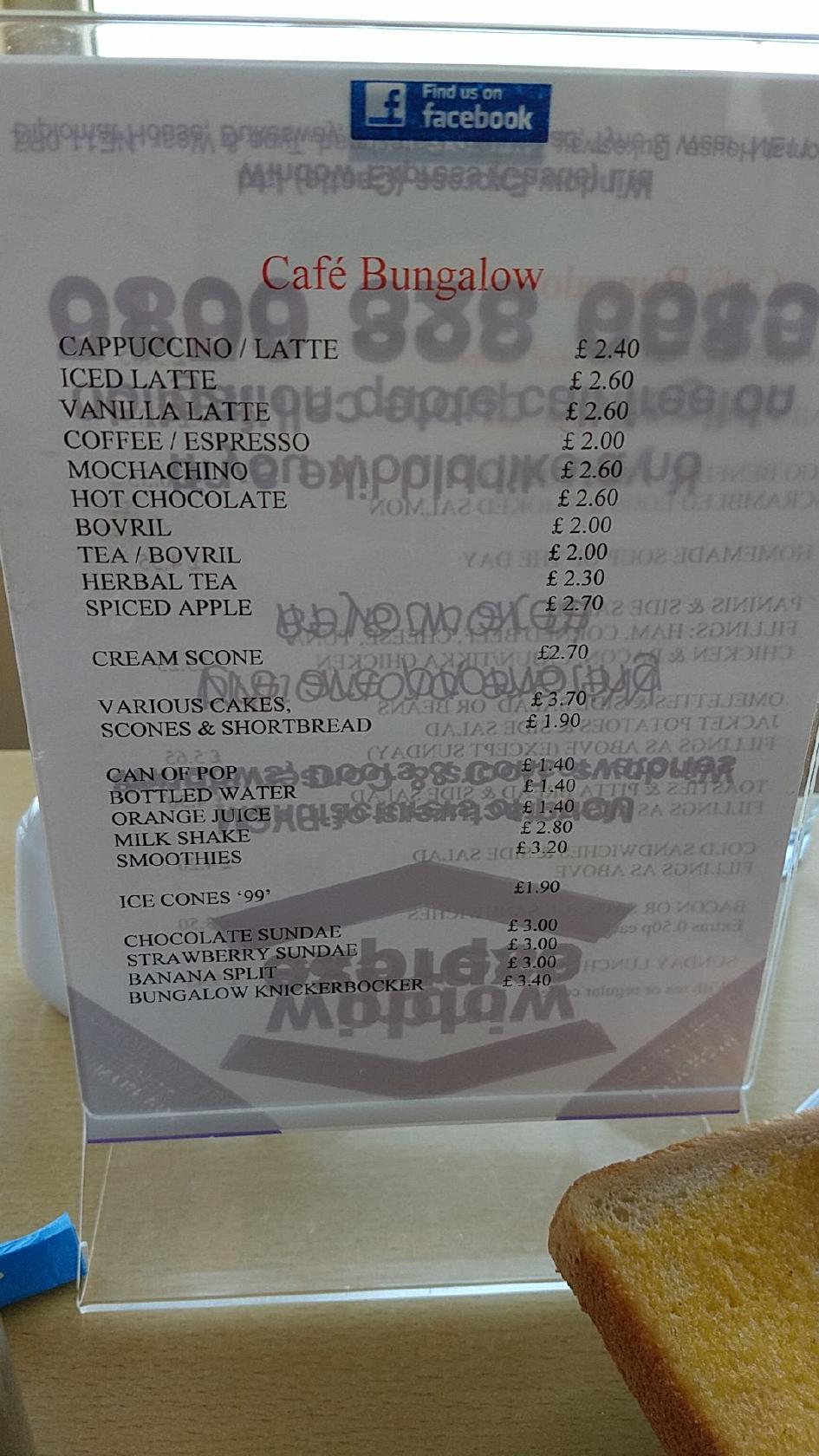 Menu at Bungalow Cafe, Sunderland