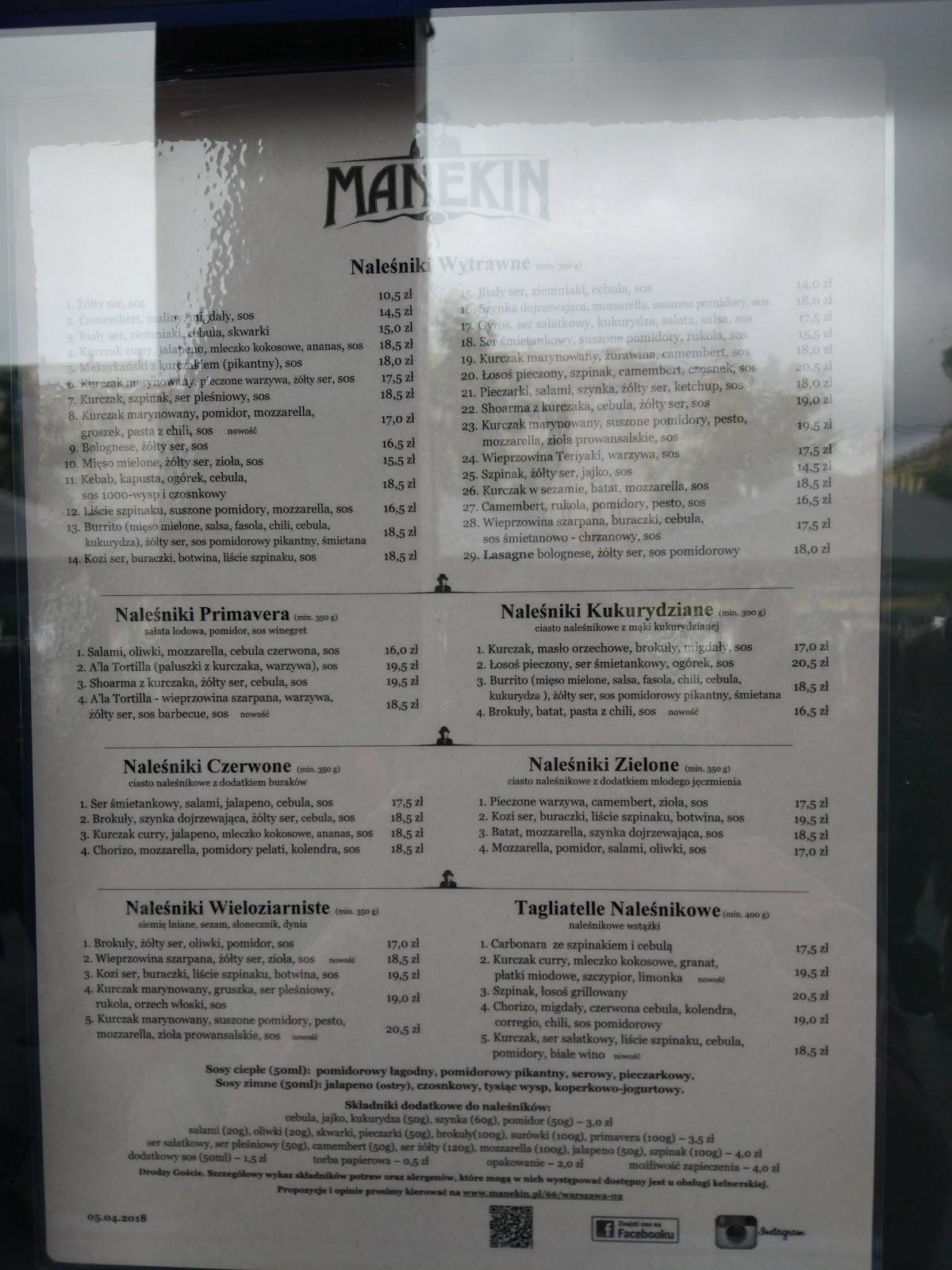 Menu at Manekin restaurant, Warsaw, plac Konstytucji 5