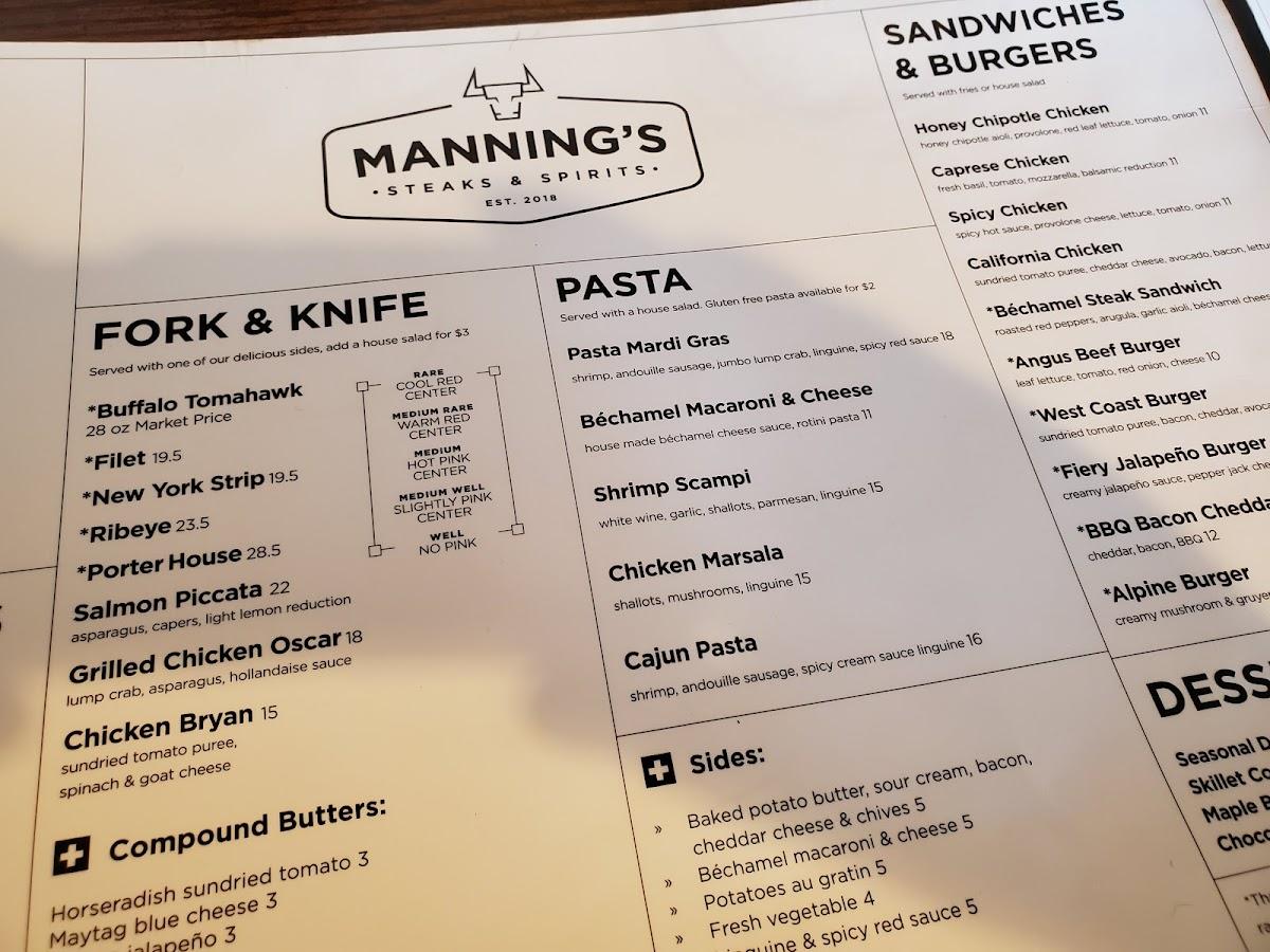 Menu at Manning's Steaks and Spirits steakhouse, Lakewood