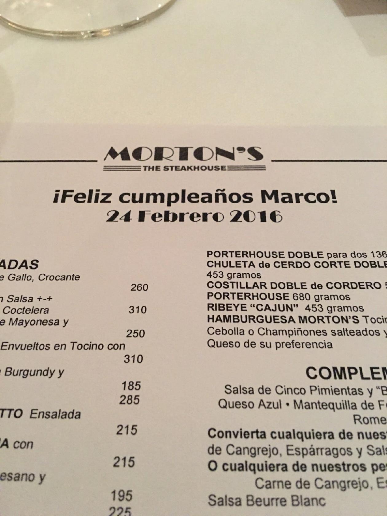 Menu at Morton's steakhouse, Ciudad López Mateos