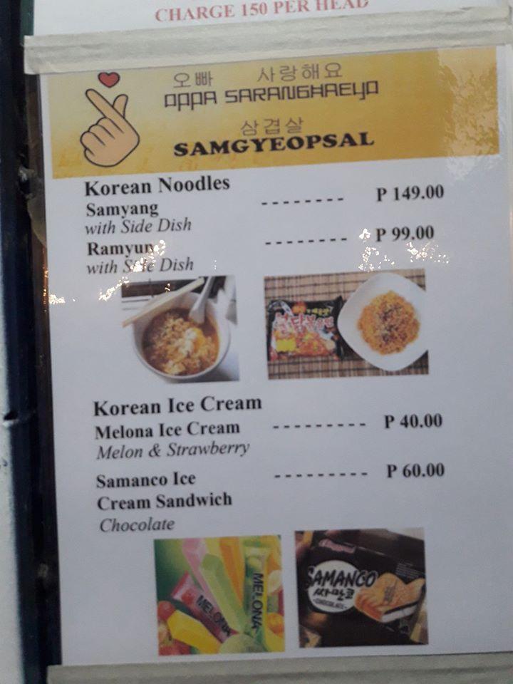 Menu at Oppa Saranghaeyo Samgyupsal restaurant, Meycauayan