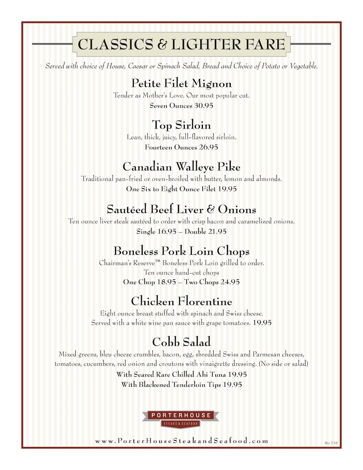 Menu at PORTERHOUSE Steak & Seafood Restaurant, Little Canada