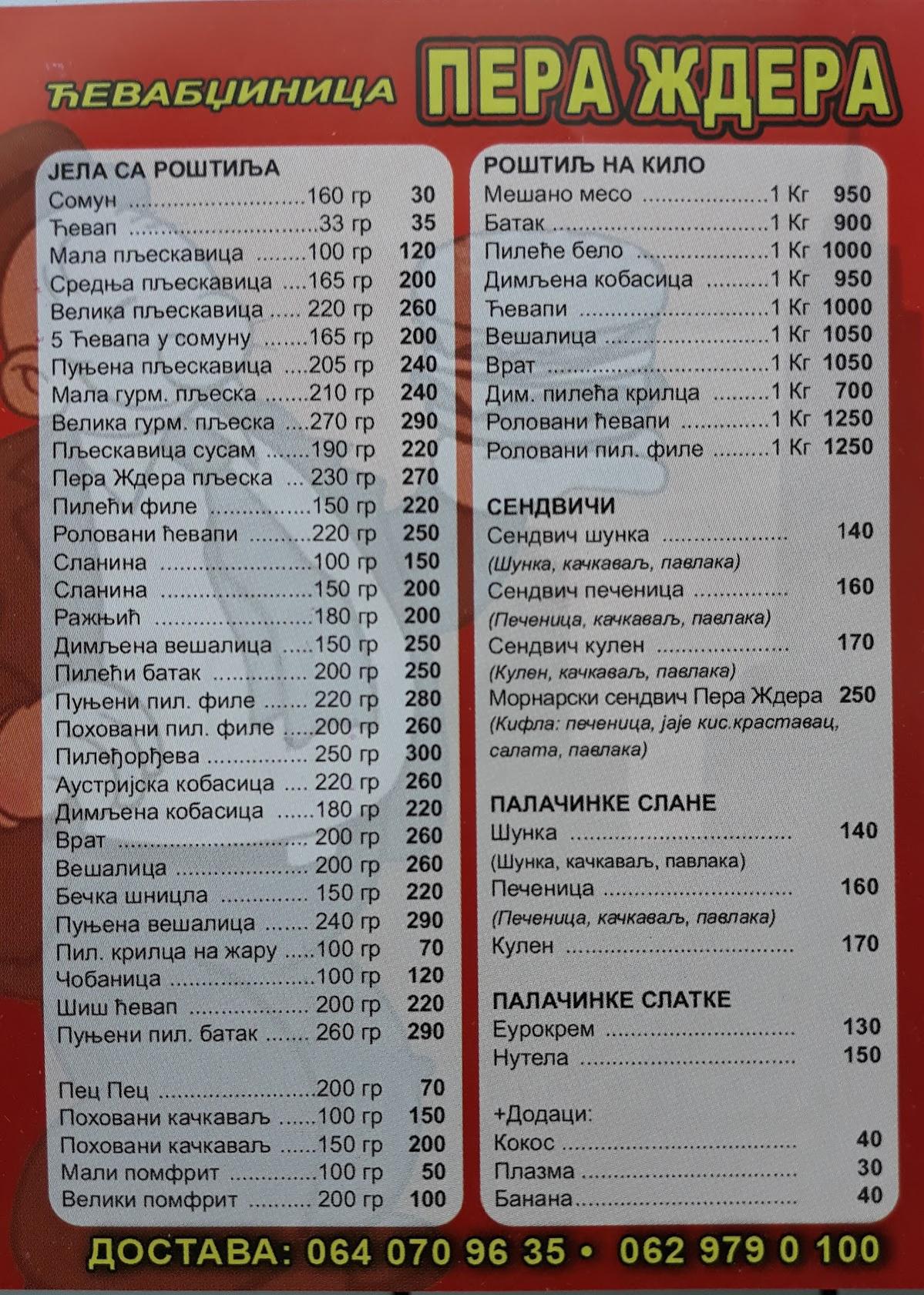 Menu at Pera Ždera restaurant, Belgrade
