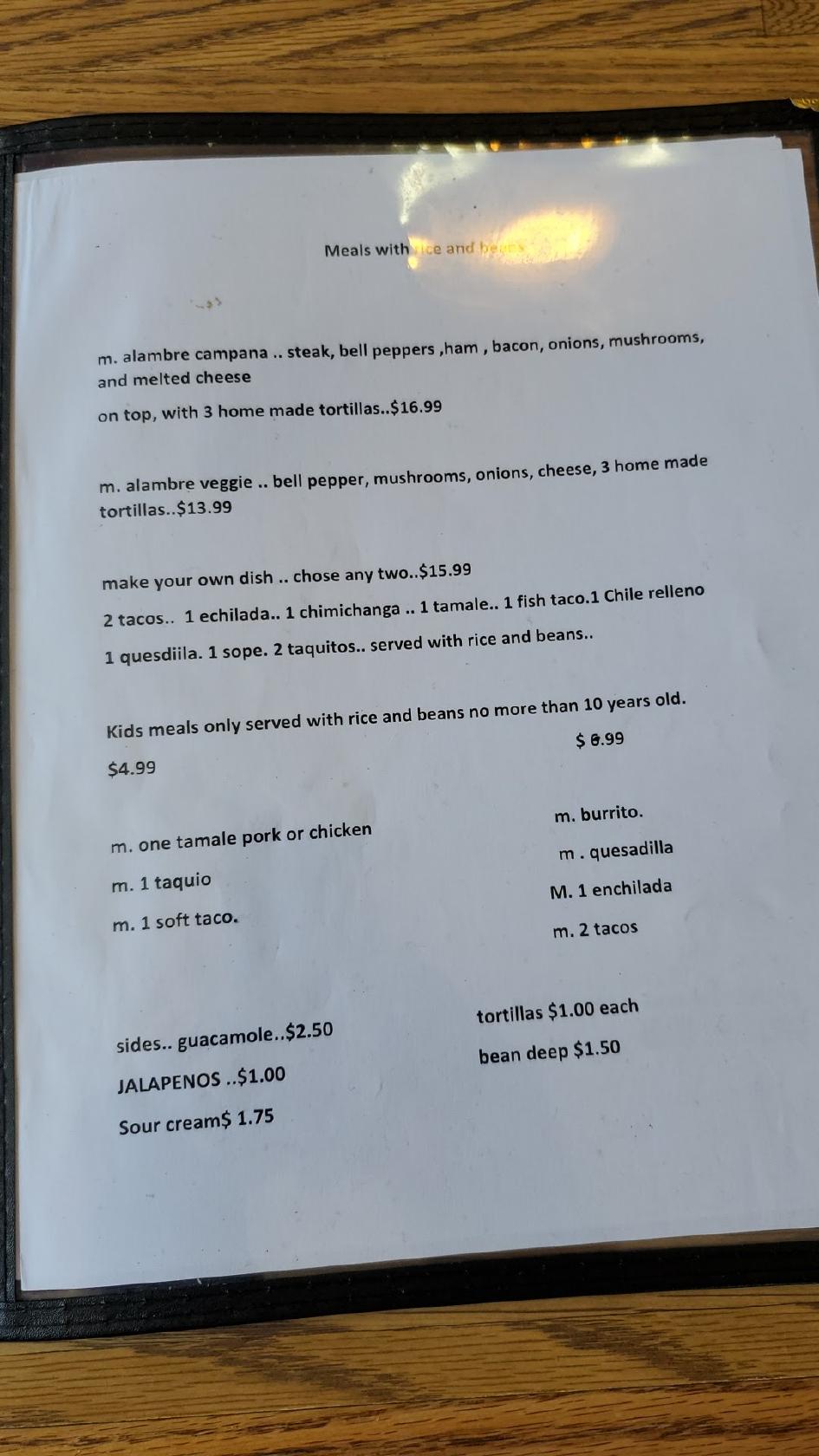 Menu at Tacos Del Rio restaurant, The Dalles