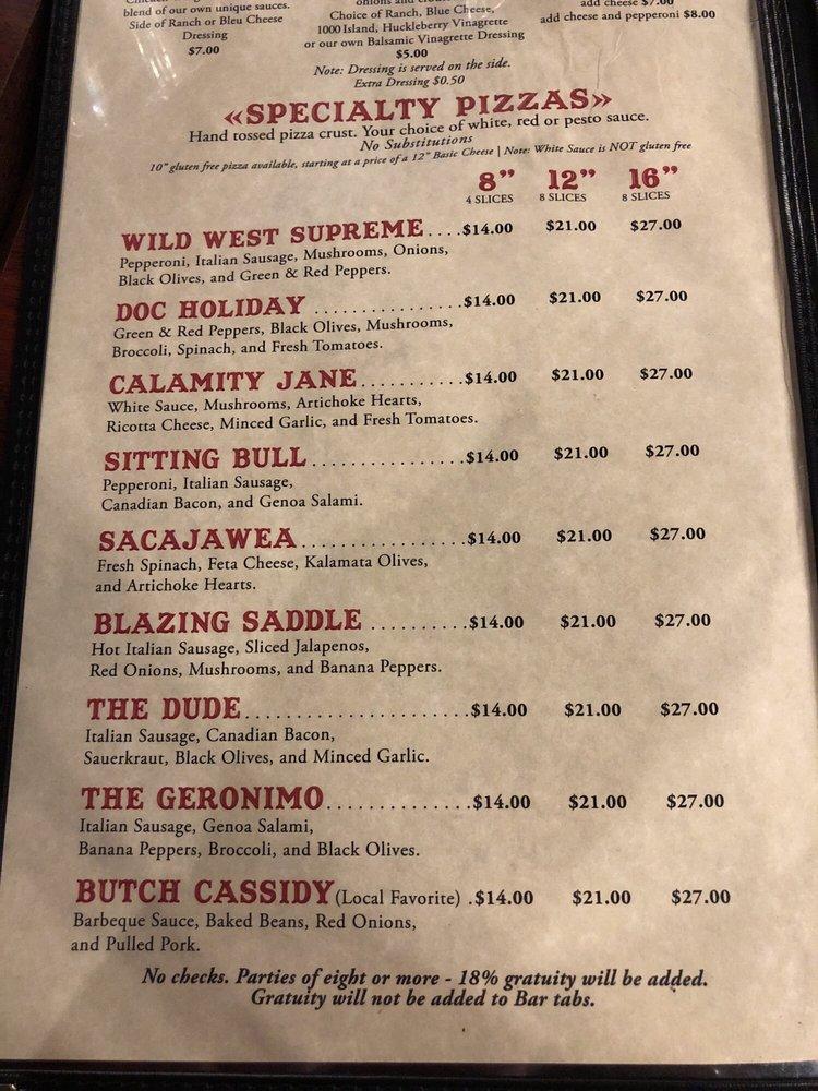Menu at Wild West Pizzeria & Saloon, West Yellowstone