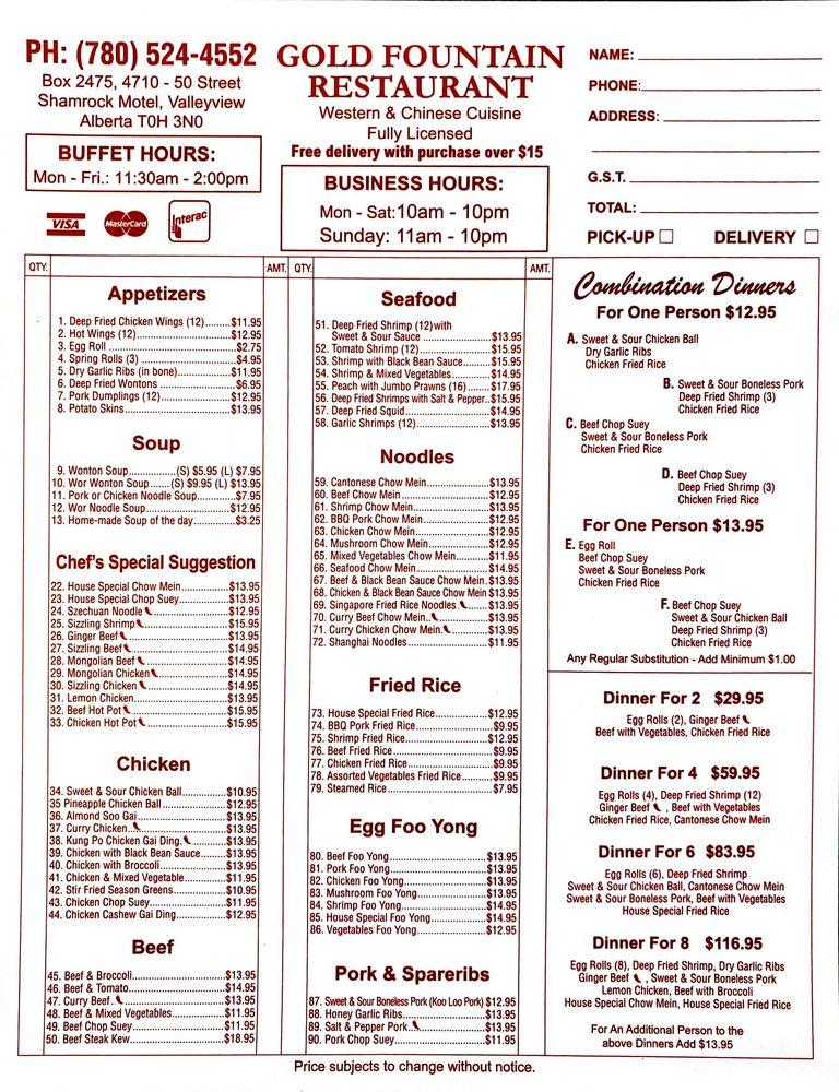 Menu at Gold Fountain Restaurant, Valleyview