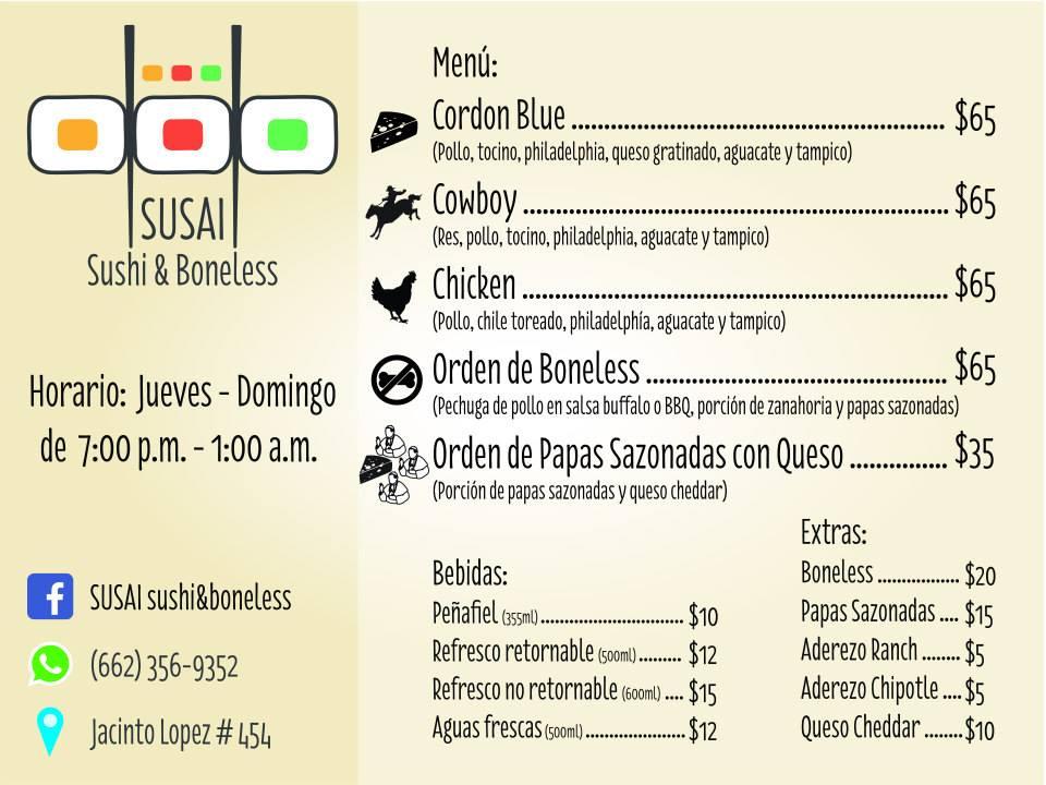 Menu at SUSAI Sushi & Boneless, Hermosillo
