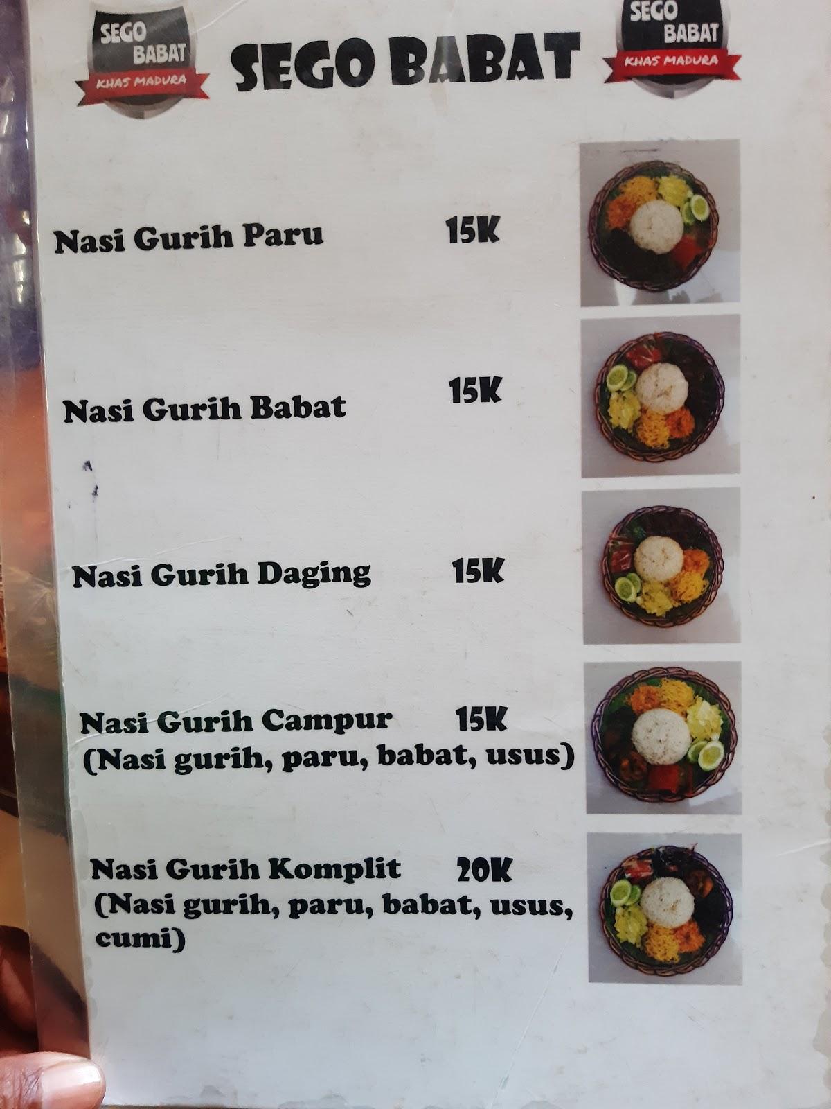 Menu at Sego Babat Khas Madura restaurant, Pasuruan