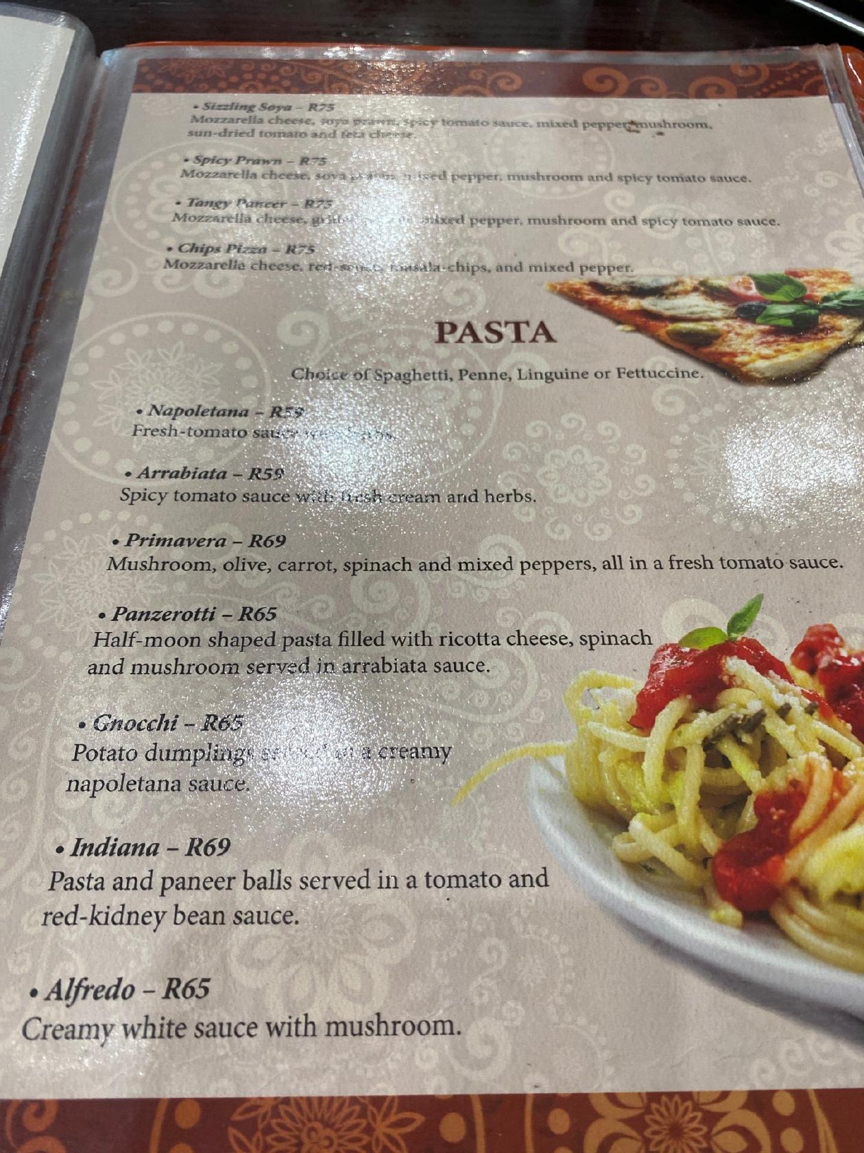 Menu at Shayona Mayfair restaurant, Johannesburg