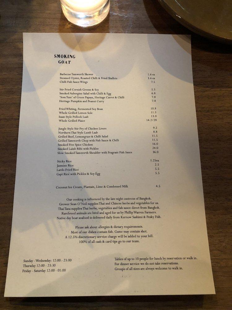 Menu at Smoking Goat Shoreditch pub & bar, London, 64 Shoreditch High St