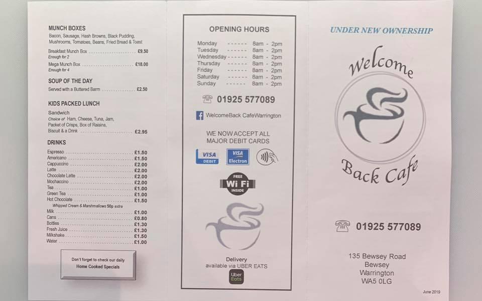 Menu at The Welcome Back Cafe, Warrington