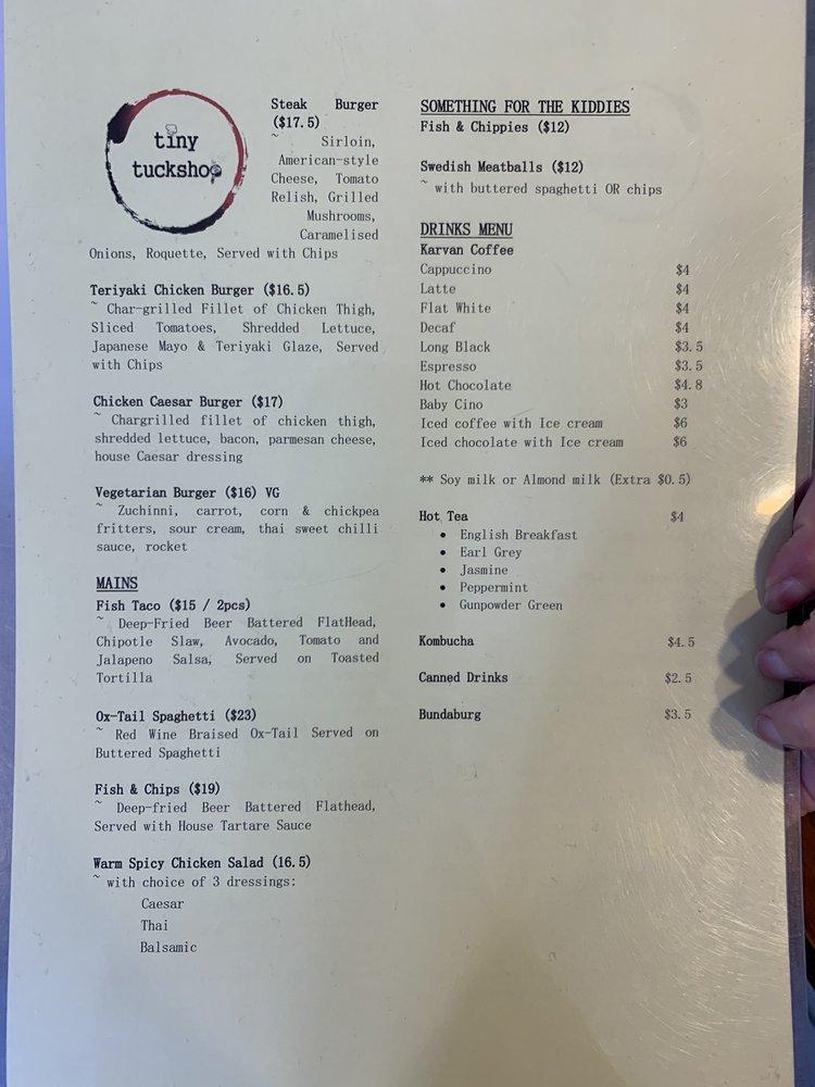Menu at Tiny Tuckshop restaurant, Willetton