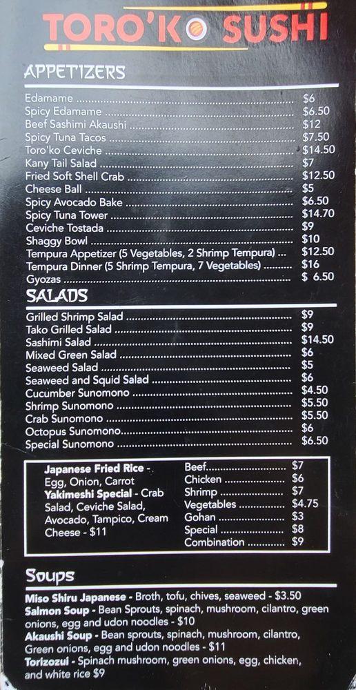 Menu at Toroko Sushi restaurant, San Antonio