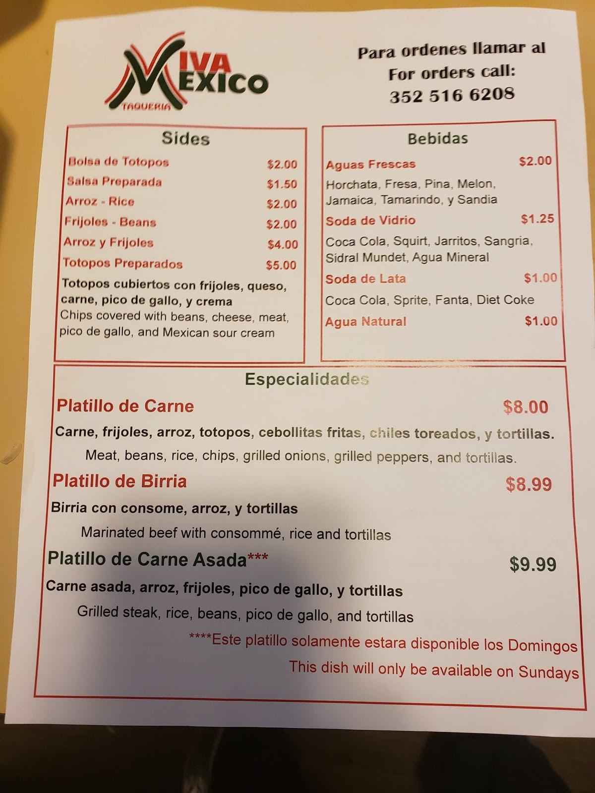Menu at Viva Mexico Taqueria restaurant, Summerfield